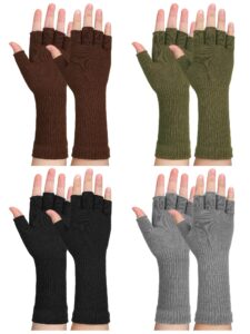 eurzom 4 pairs winter fingerless gloves for men women knit long cuff stretchy typing gloves warm half finger gloves for driving working office