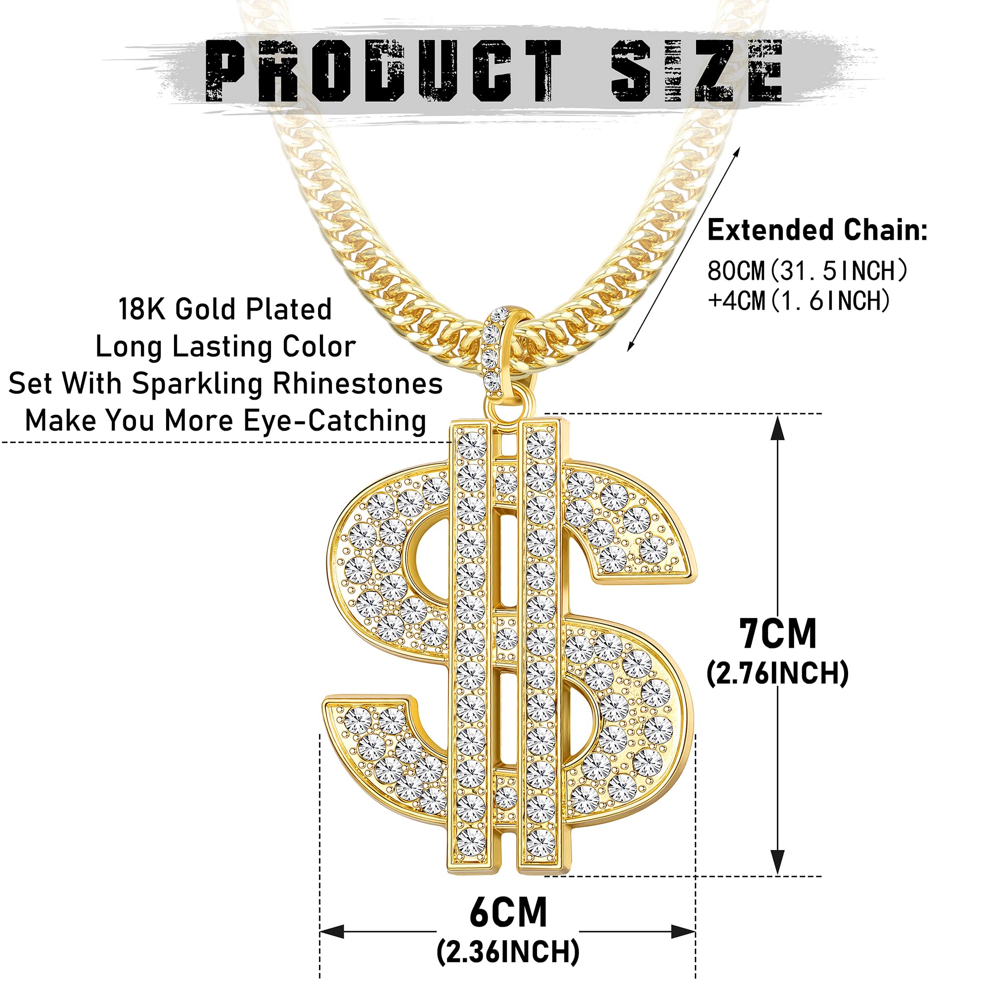 FIBO STEEL Hip Hop 18K Gold Plated Pendant Chain Necklaces and Rings Set for Men Women Rapper Costume Money Dollar Sign Necklace 80s 90s Party Jewelry