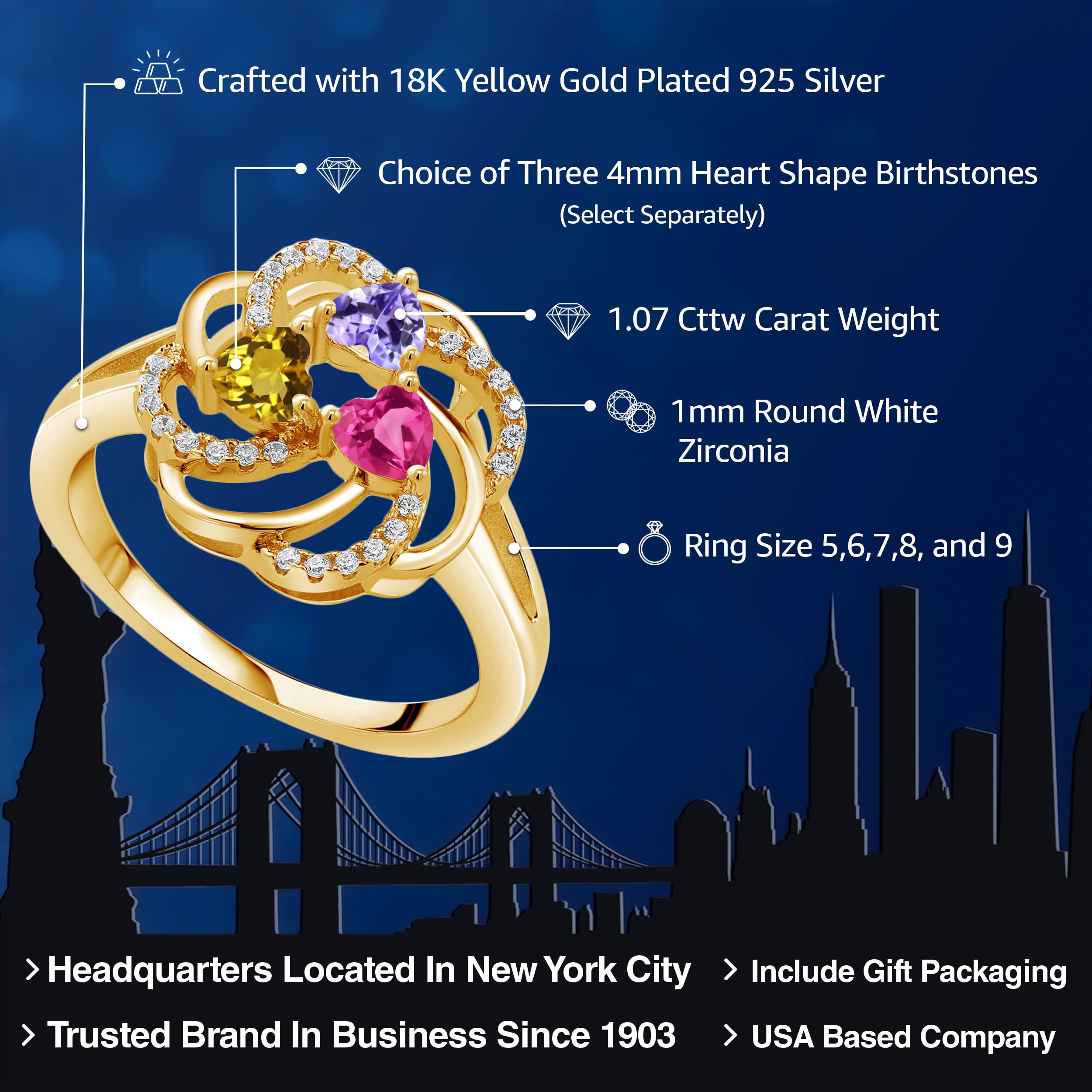 Gem Stone King 18K Yellow Gold Plated Silver 4MM Heart Shape Gemstone Birthstone 3-Stone Ring | Three Stone Wedding Engagement Anniversary Promise Ring For Women