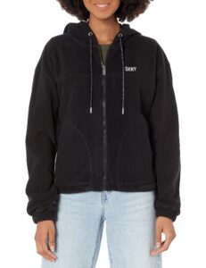 dkny women's sport cropped full zip polar fleece jacket, black/silver, medium