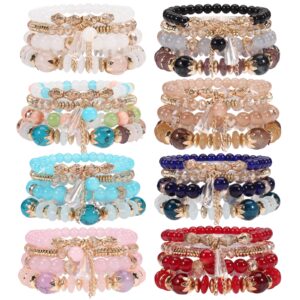 wucuifu 8 packs beaded bracelets bohe multilayer chain tassel stackable charm stretch statement bracelet set