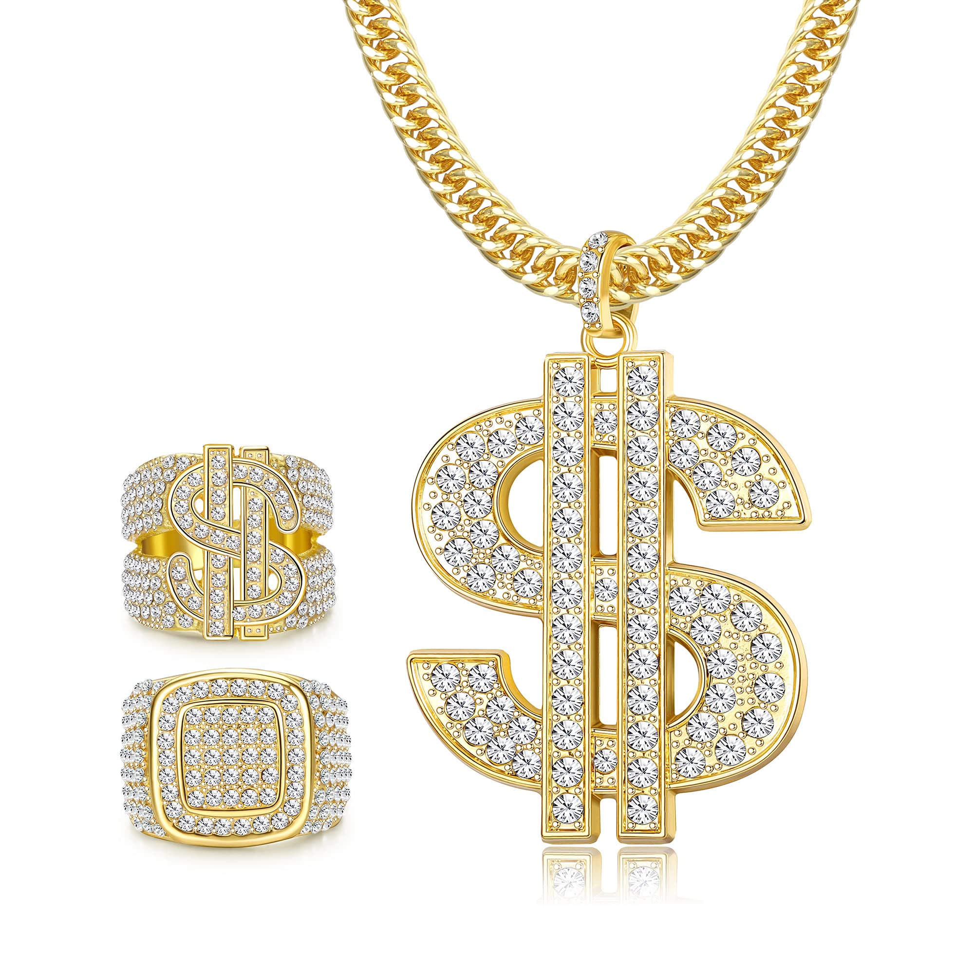 FIBO STEEL Hip Hop 18K Gold Plated Pendant Chain Necklaces and Rings Set for Men Women Rapper Costume Money Dollar Sign Necklace 80s 90s Party Jewelry