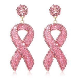 glitter rhinestone pink ribbon drop earrings beaded breast cancer awareness earrings jewelry for women breast cancer survivor support jewelry gifts (glitter rosy)