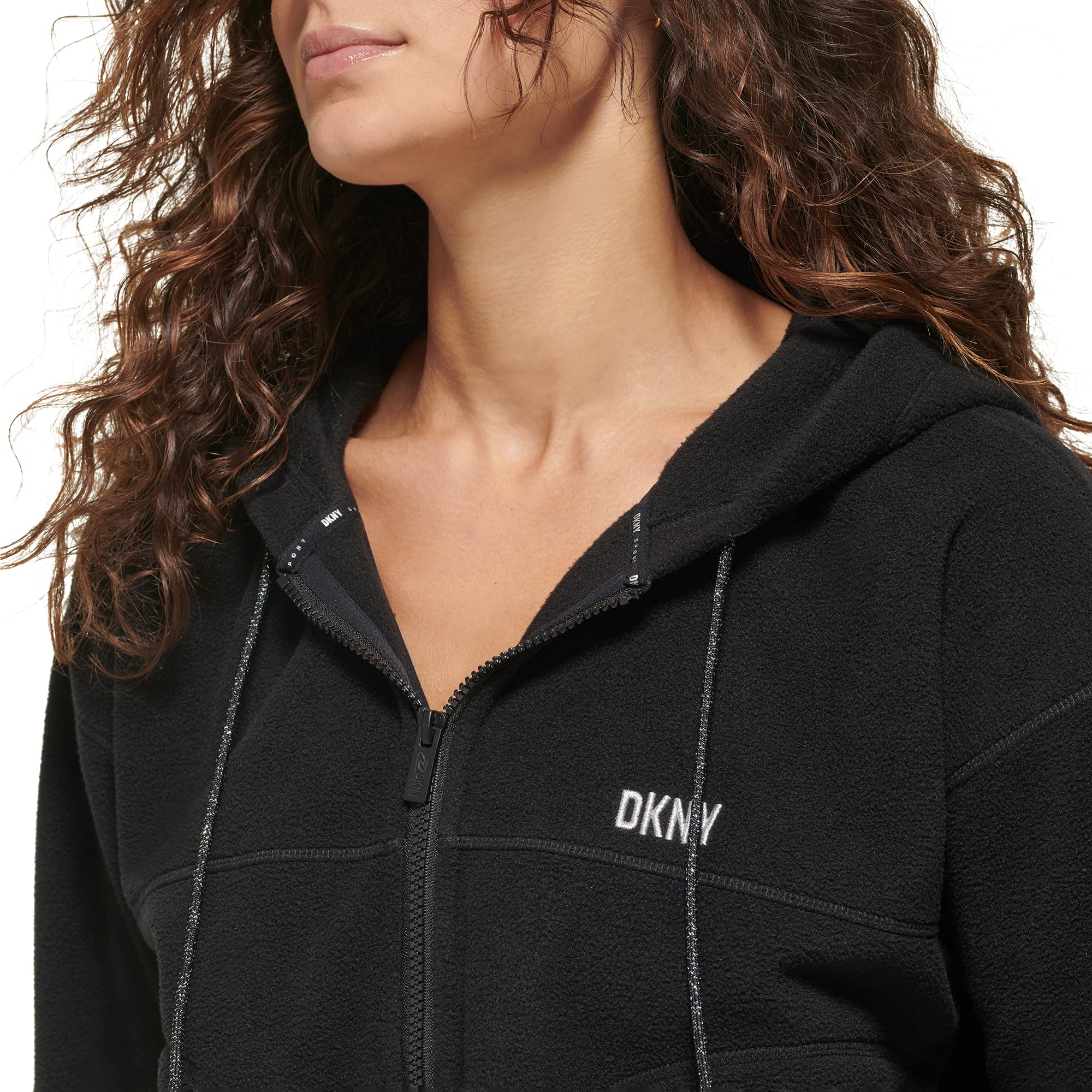 DKNY Women's Sport Cropped Full Zip Polar Fleece Jacket, Black/Silver, Medium