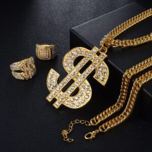 FIBO STEEL Hip Hop 18K Gold Plated Pendant Chain Necklaces and Rings Set for Men Women Rapper Costume Money Dollar Sign Necklace 80s 90s Party Jewelry