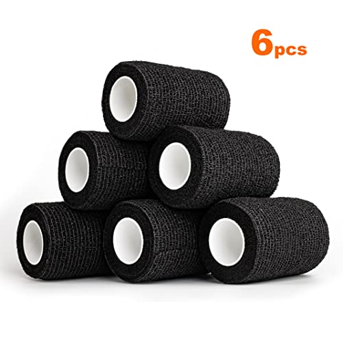 YAXEON Self Adhesive Bandage Wrap| 6 Rolls 3"x 5 Yards Medical Tape,Vet Tape,Athletic Tape,Elastic Cohesive Bandage for Sports Injury,Stretch Athletic,Ankle,(Black)