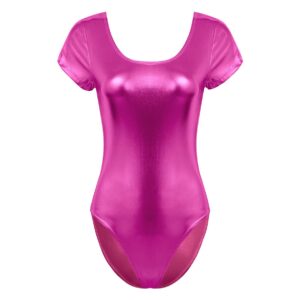 sywiyi women's shiny metallic bodycon bodysuit long sleeve scoop neck gymnastics leotard dance costume rose short sleeve x-large