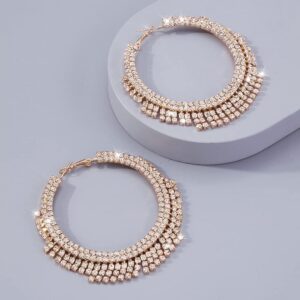 Jumwrit Large Rhinestone Hoop Earrings Big Round Circle Earrings Tassel Chain Dangle Earrings Statement Earrings for Women Girls（Gold）