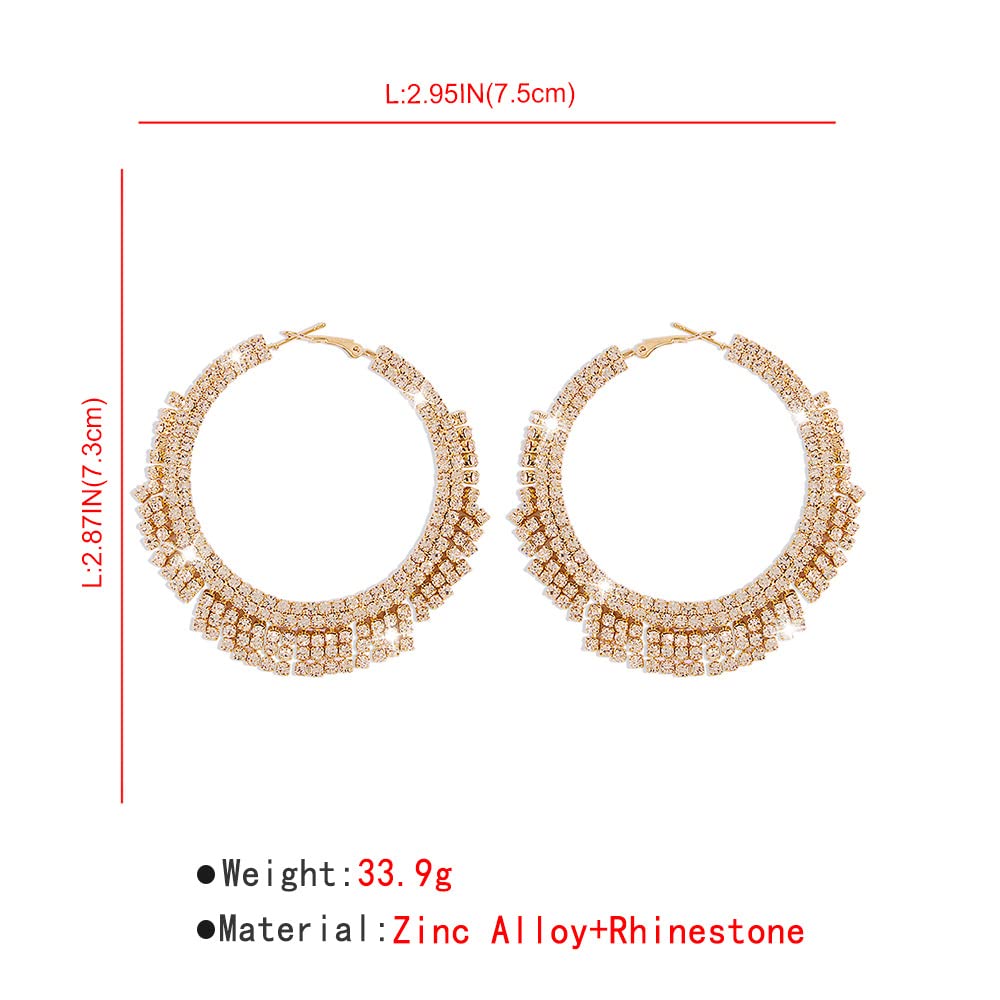 Jumwrit Large Rhinestone Hoop Earrings Big Round Circle Earrings Tassel Chain Dangle Earrings Statement Earrings for Women Girls（Gold）