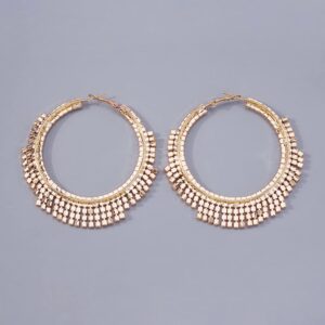 Jumwrit Large Rhinestone Hoop Earrings Big Round Circle Earrings Tassel Chain Dangle Earrings Statement Earrings for Women Girls（Gold）