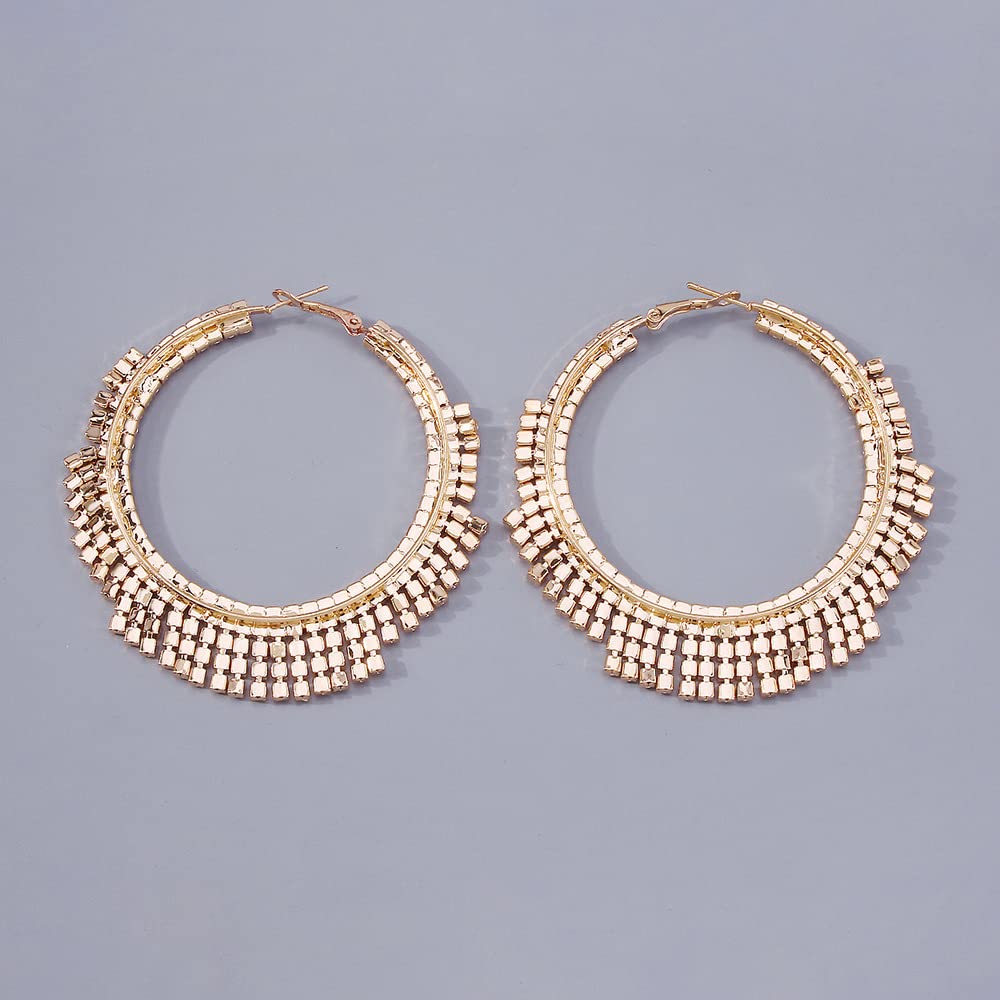 Jumwrit Large Rhinestone Hoop Earrings Big Round Circle Earrings Tassel Chain Dangle Earrings Statement Earrings for Women Girls（Gold）