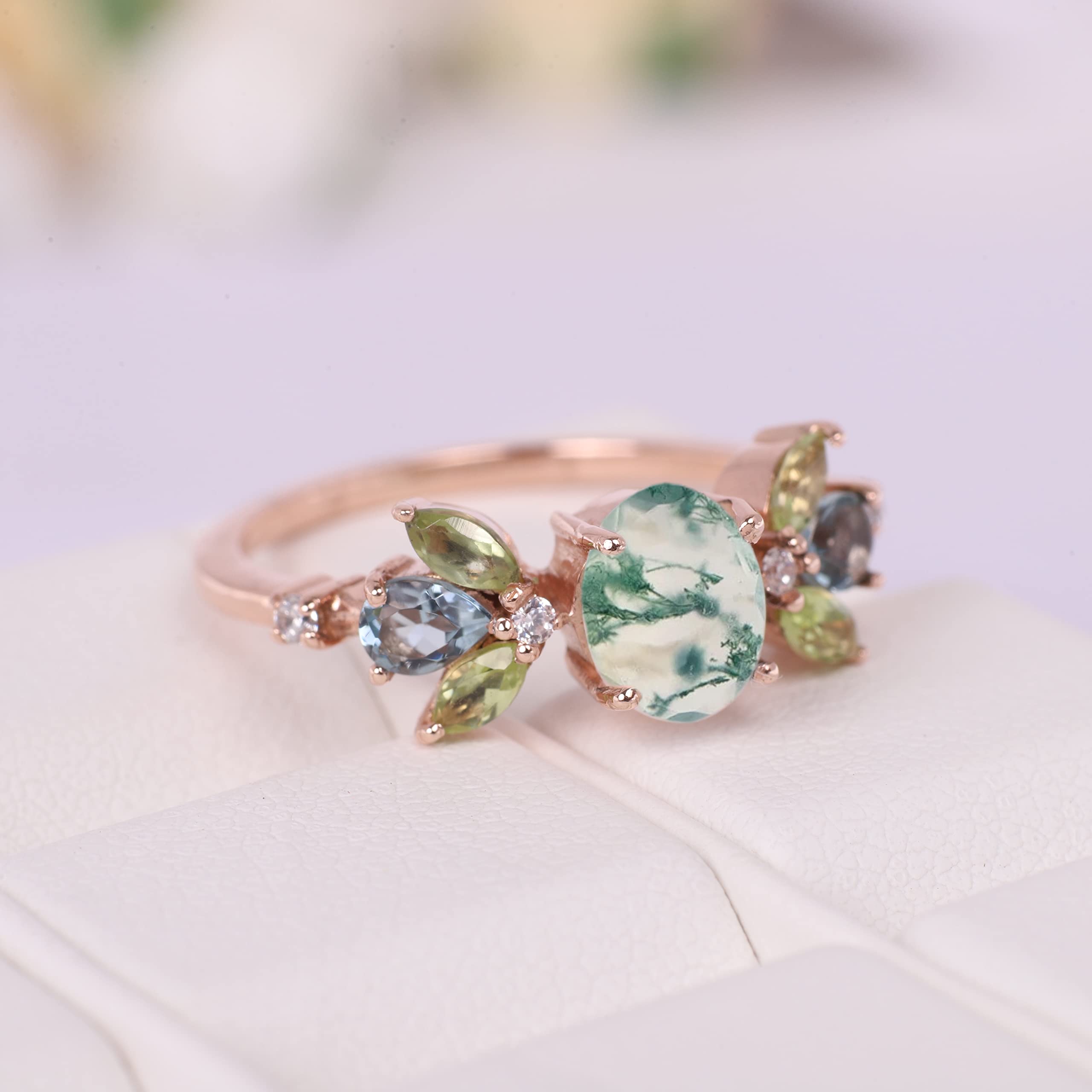 Moss Agate Cluster Ring Peridot Women Wedding Ring Art Deco Bridesmaid Jewelry Natural Stone Bridal Ring Gift For Wife BY KANISHKA GEMS JEWELS, Blue,Green