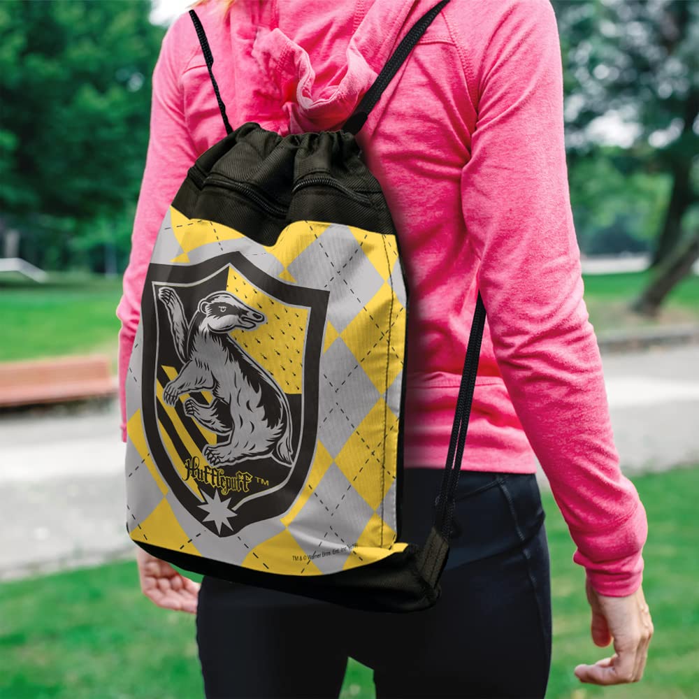 LOGOVISION Harry Potter Hufflepuff Plaid Sigil Drawstring Backpack Sports Bag Sackpack 17" x 13", Perfect for Gym, Yoga or Practice