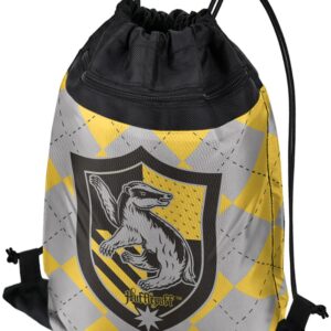 LOGOVISION Harry Potter Hufflepuff Plaid Sigil Drawstring Backpack Sports Bag Sackpack 17" x 13", Perfect for Gym, Yoga or Practice