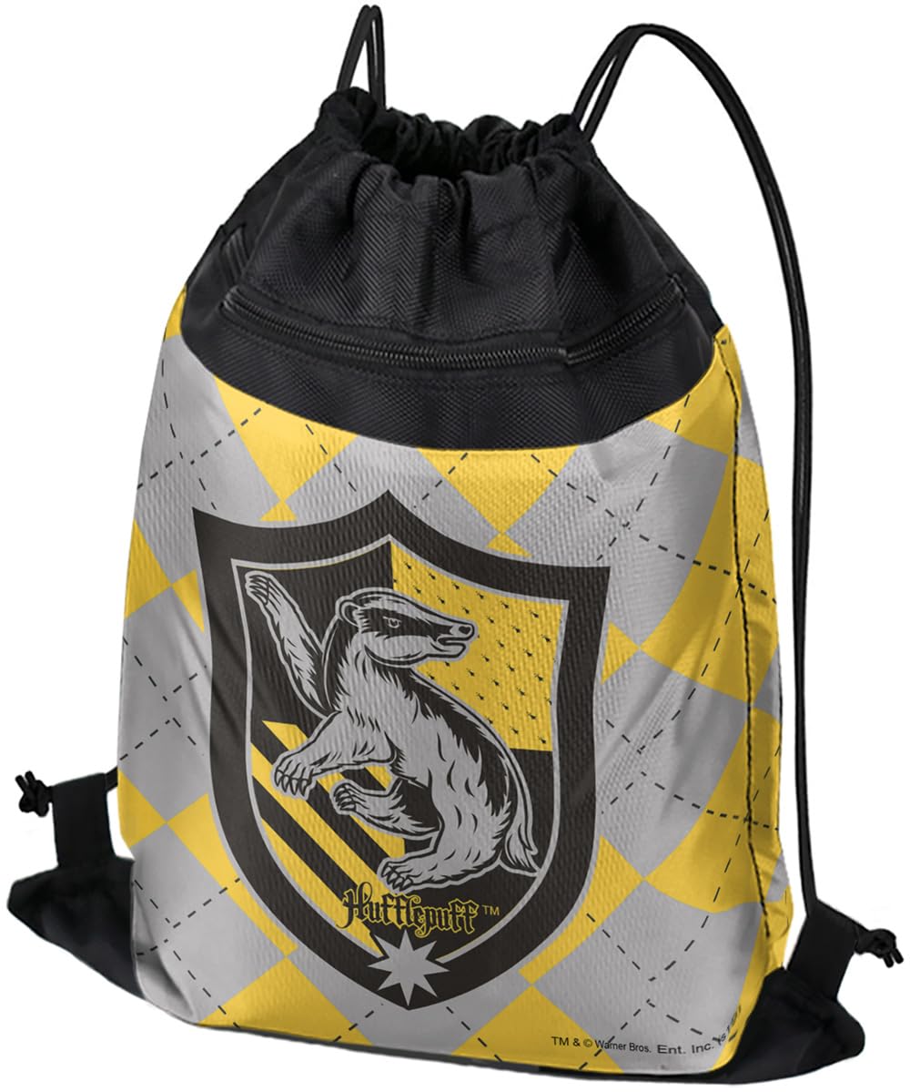 LOGOVISION Harry Potter Hufflepuff Plaid Sigil Drawstring Backpack Sports Bag Sackpack 17" x 13", Perfect for Gym, Yoga or Practice