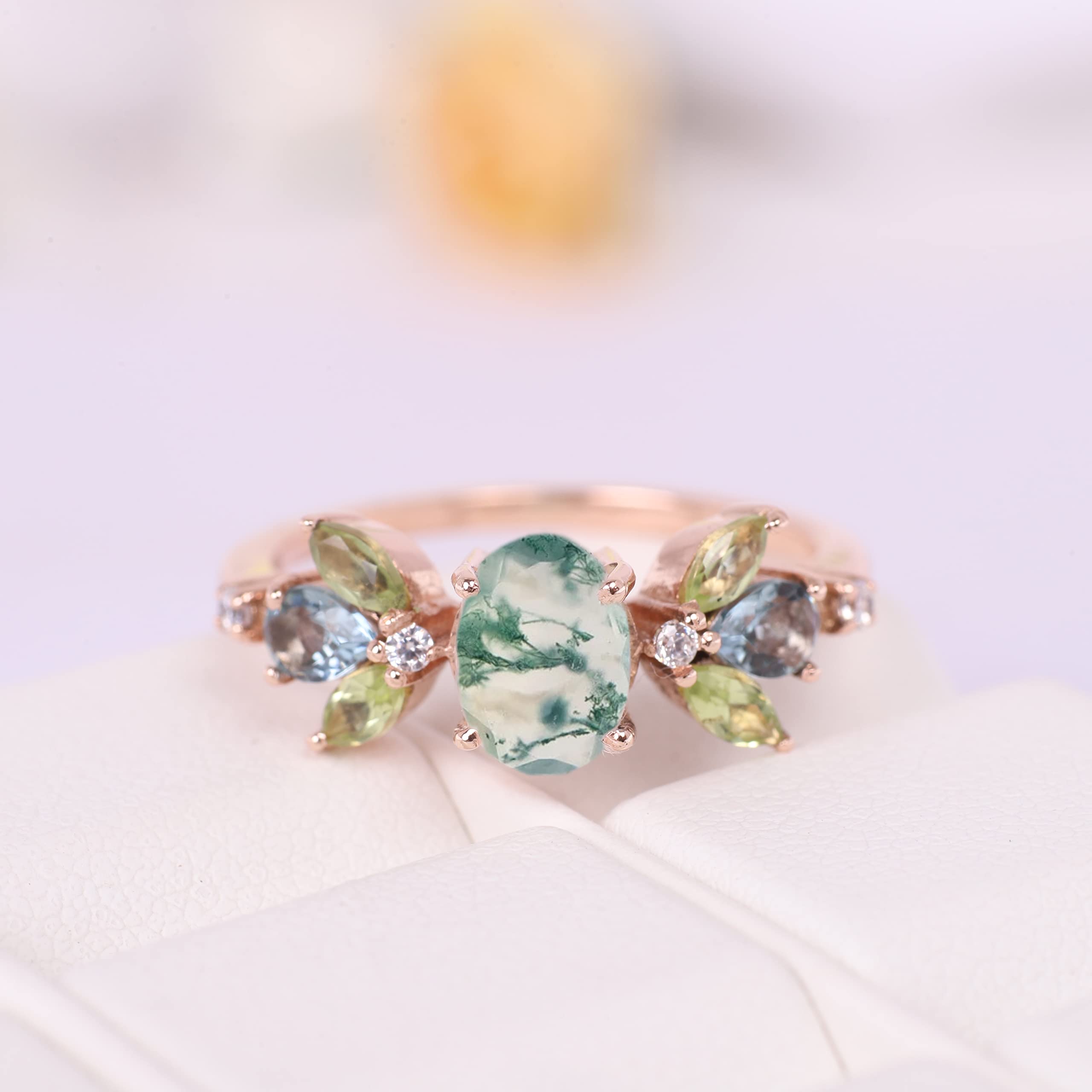 Moss Agate Cluster Ring Peridot Women Wedding Ring Art Deco Bridesmaid Jewelry Natural Stone Bridal Ring Gift For Wife BY KANISHKA GEMS JEWELS, Blue,Green