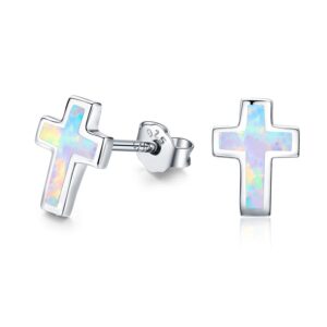 opal cross stud earrings, 925 stertling silver hypoallergenic anchor stud earrngs and tiny opal cross studs jewelry gifts for women (opal earrings) (cross)