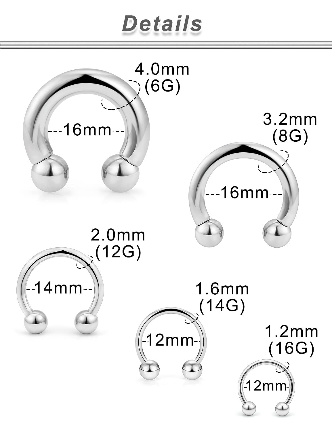 Ocptiy 6G 8G 12G 14G 16G Ear Earrings Gauges Septum Plugs Tunnels Stretching Kit Surgical Stainless Steel Horseshoe Eyebrow Lip Belly Nipple Ring Cartilage Helix Tragus Earrings Piercing Kit