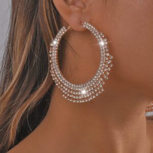 jumwrit large rhinestone hoop earrings big round circle earrings tassel chain dangle earrings statement earrings for women girls（gold）