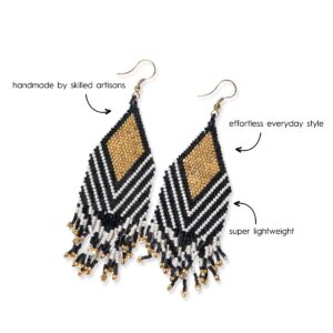 INK + ALLOY Beaded Boho Earrings for Women Dangling, Dottie Luxe Seed Bead Fringe Statement Art Deco Chandelier Earrings, Handmade Jewelry for the Modern Bohemian, 3.5-Inch Length (Black and Gold)