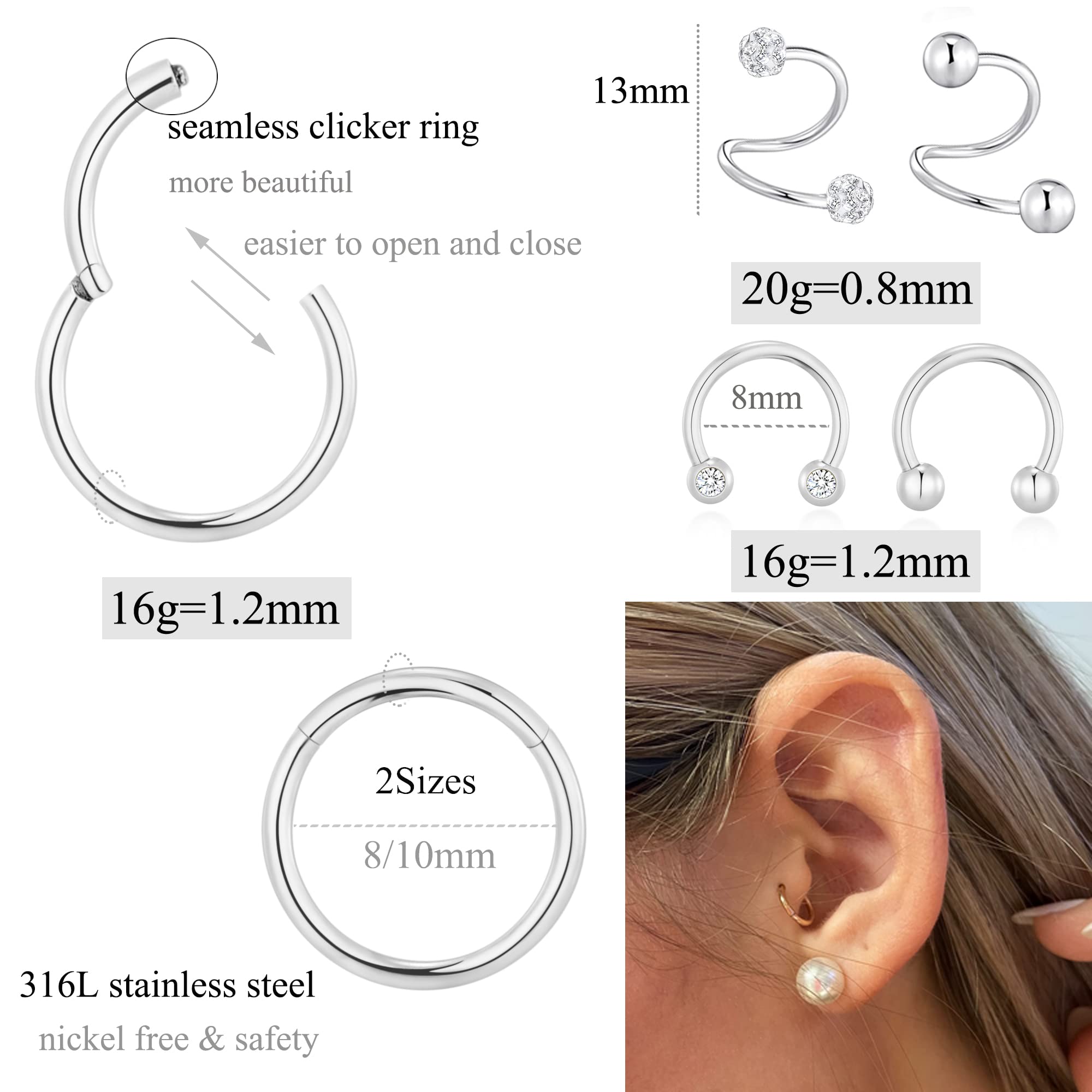 PLOMFOV 20G Stainless Steel Stud Earrings Set for Women Men CZ Leaf Heart Star Moon Butterfly Flat Back Earrings Cartilage Earrings Stud Hoops 16G Helix Tragus Earrings Piercing Jewelry Silver Tone