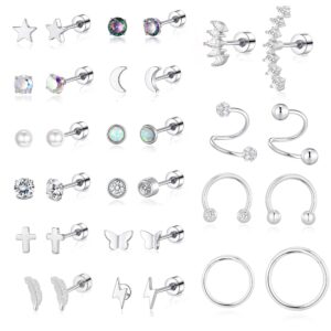 plomfov 20g stainless steel stud earrings set for women men cz leaf heart star moon butterfly flat back earrings cartilage earrings stud hoops 16g helix tragus earrings piercing jewelry silver tone