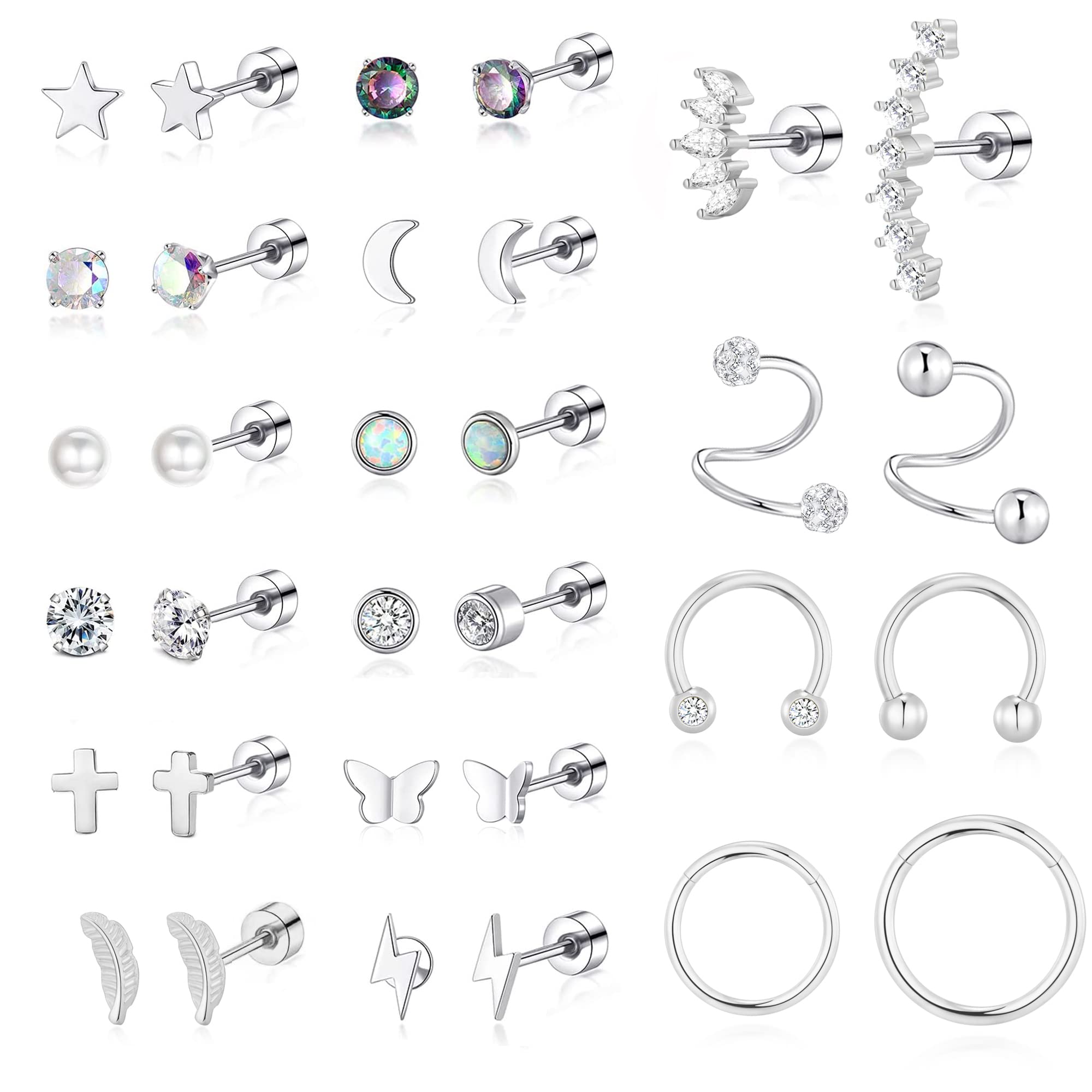 PLOMFOV 20G Stainless Steel Stud Earrings Set for Women Men CZ Leaf Heart Star Moon Butterfly Flat Back Earrings Cartilage Earrings Stud Hoops 16G Helix Tragus Earrings Piercing Jewelry Silver Tone