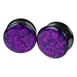 mystic metals body jewelry pair of black steel double flare plugs with purple chunky glitter (mto-041) (1-1/8" (28mm))