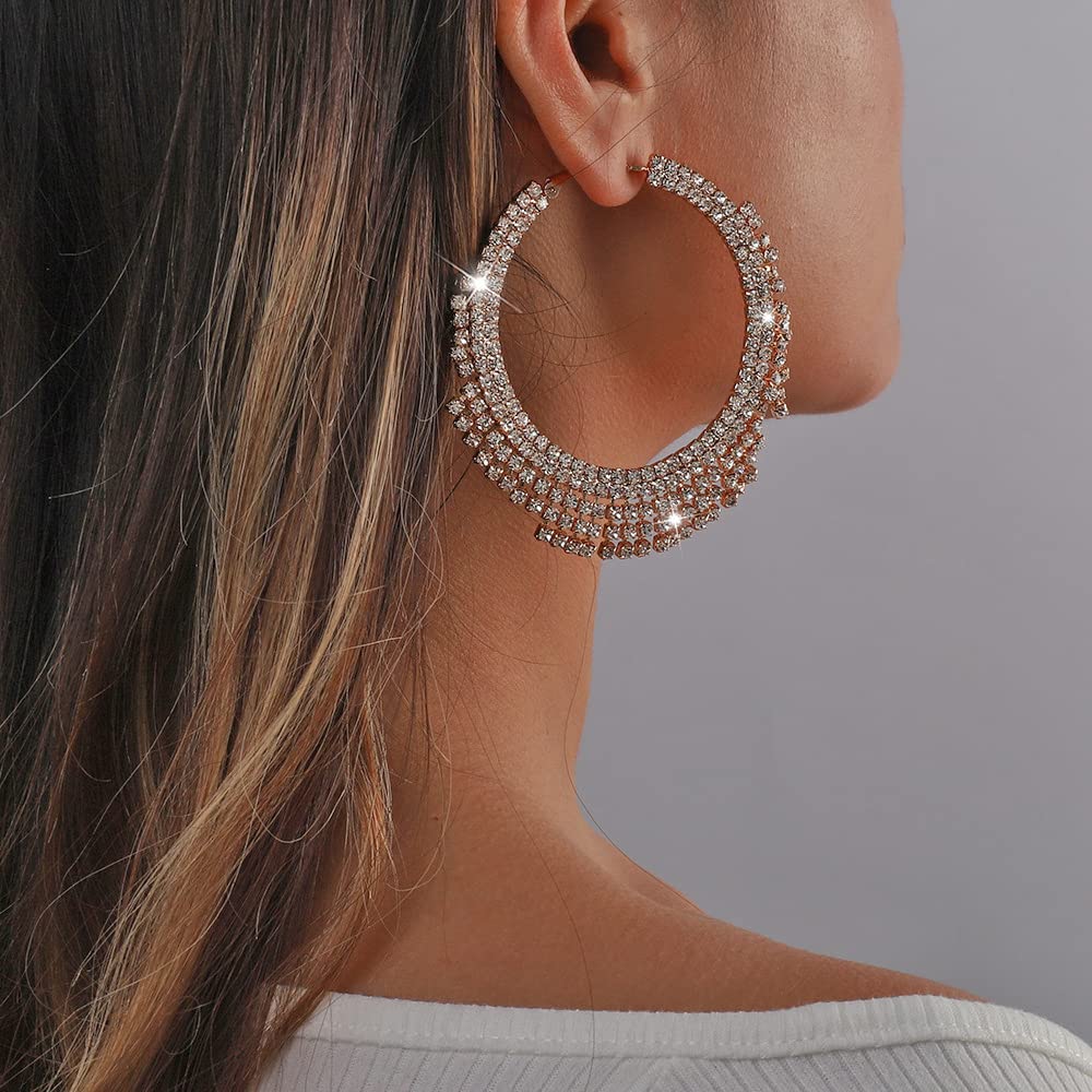 Jumwrit Large Rhinestone Hoop Earrings Big Round Circle Earrings Tassel Chain Dangle Earrings Statement Earrings for Women Girls（Gold）