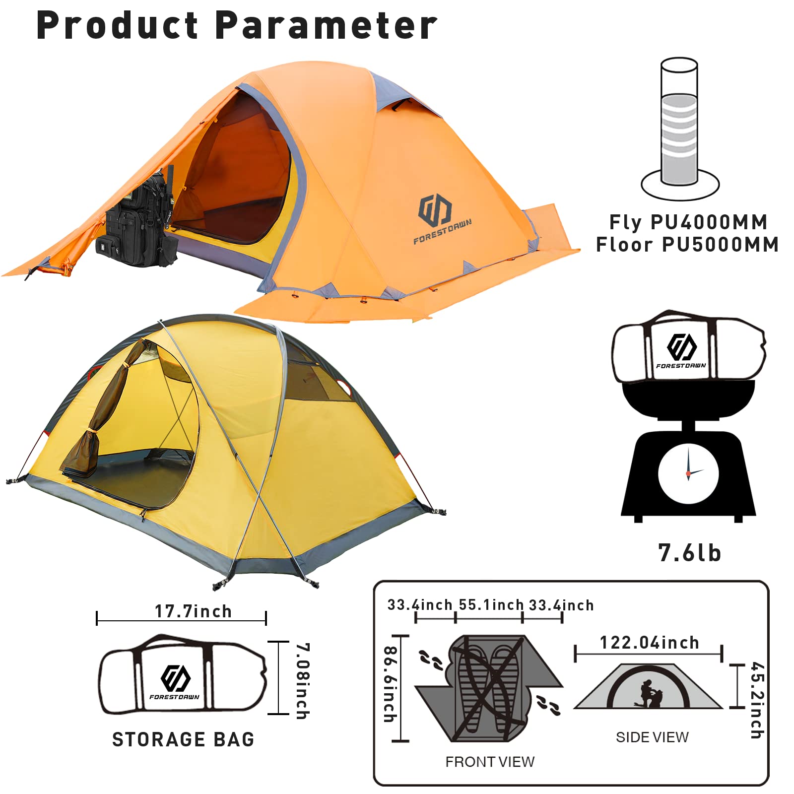 ForestDawn Camping Tent for 2 Person with 3 Aluminum Alloy Poles,Waterproof Windproof 4 Season Tent,Double Layer,Easy Setup,Professional Camping Tent for Outdoor Hiking,Mountaineering,Survival