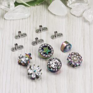 Ocptiy Dermal Piercing Jewelry Top Base Kit 14G G23 Titanium Dermal Anchor Internally Threaded Coloful Rainbow Diamond Dermal Replacement Stud Piercing Ball Jewelry Women Men