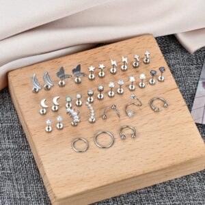 PLOMFOV 20G Stainless Steel Stud Earrings Set for Women Men CZ Leaf Heart Star Moon Butterfly Flat Back Earrings Cartilage Earrings Stud Hoops 16G Helix Tragus Earrings Piercing Jewelry Silver Tone