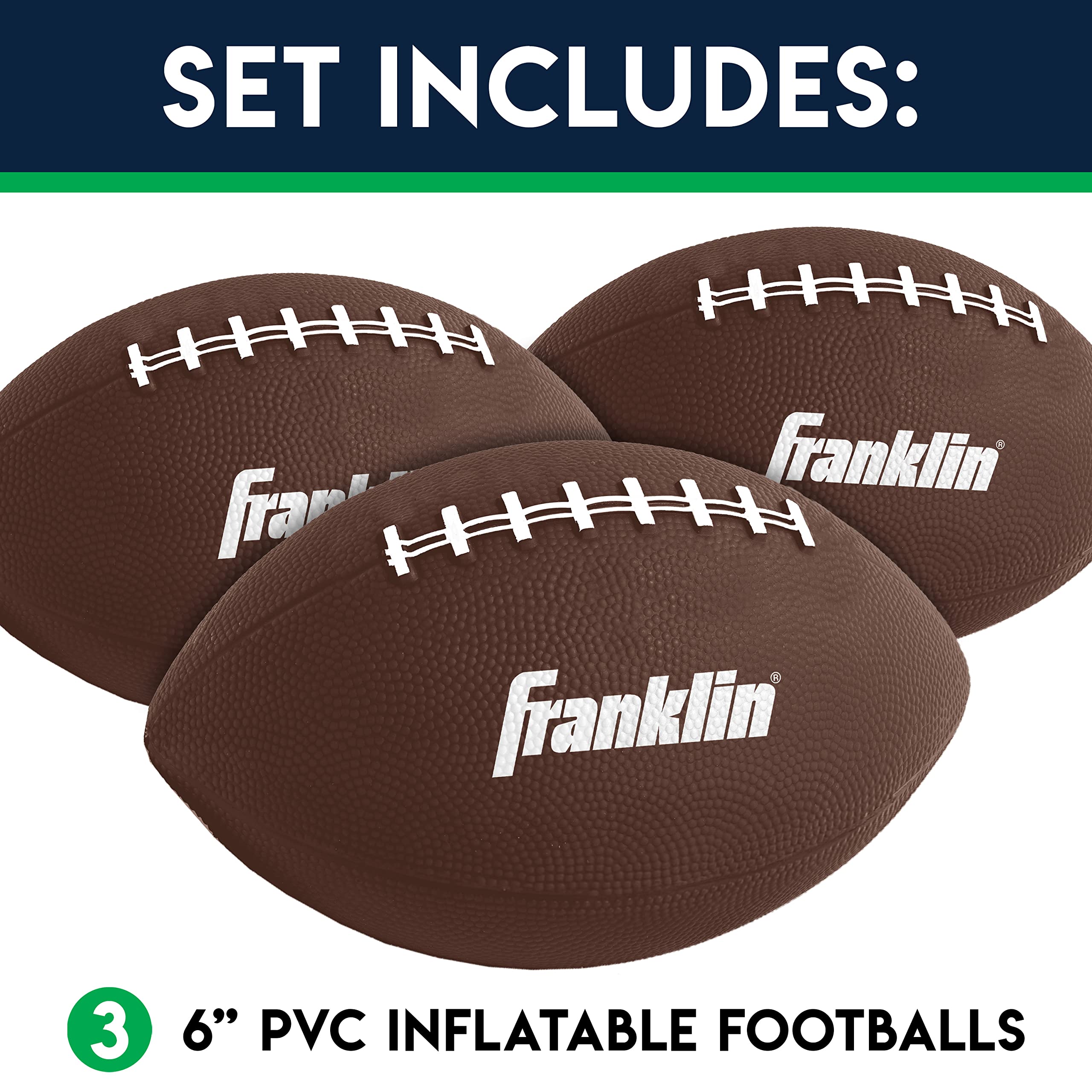 Franklin Sports Mini Footballs for Kids - (3) Inflatable Toy Replacement Footballs for Target Toss + Other Throwing Games - 6" Plastic Inflatable Footballs with Air Pump - Perfect Kids Toy Football