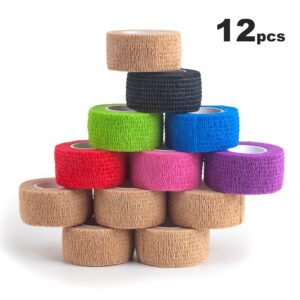 YAXEON Self Adhesive Bandage Wrap| 12 Rolls 1" x 5 Yards Vet Tape, Medical Tape,Athletic Tape,Elastic Cohesive Bandage for Sports Injury,Stretch Athletic,Ankle,(Mix Color)