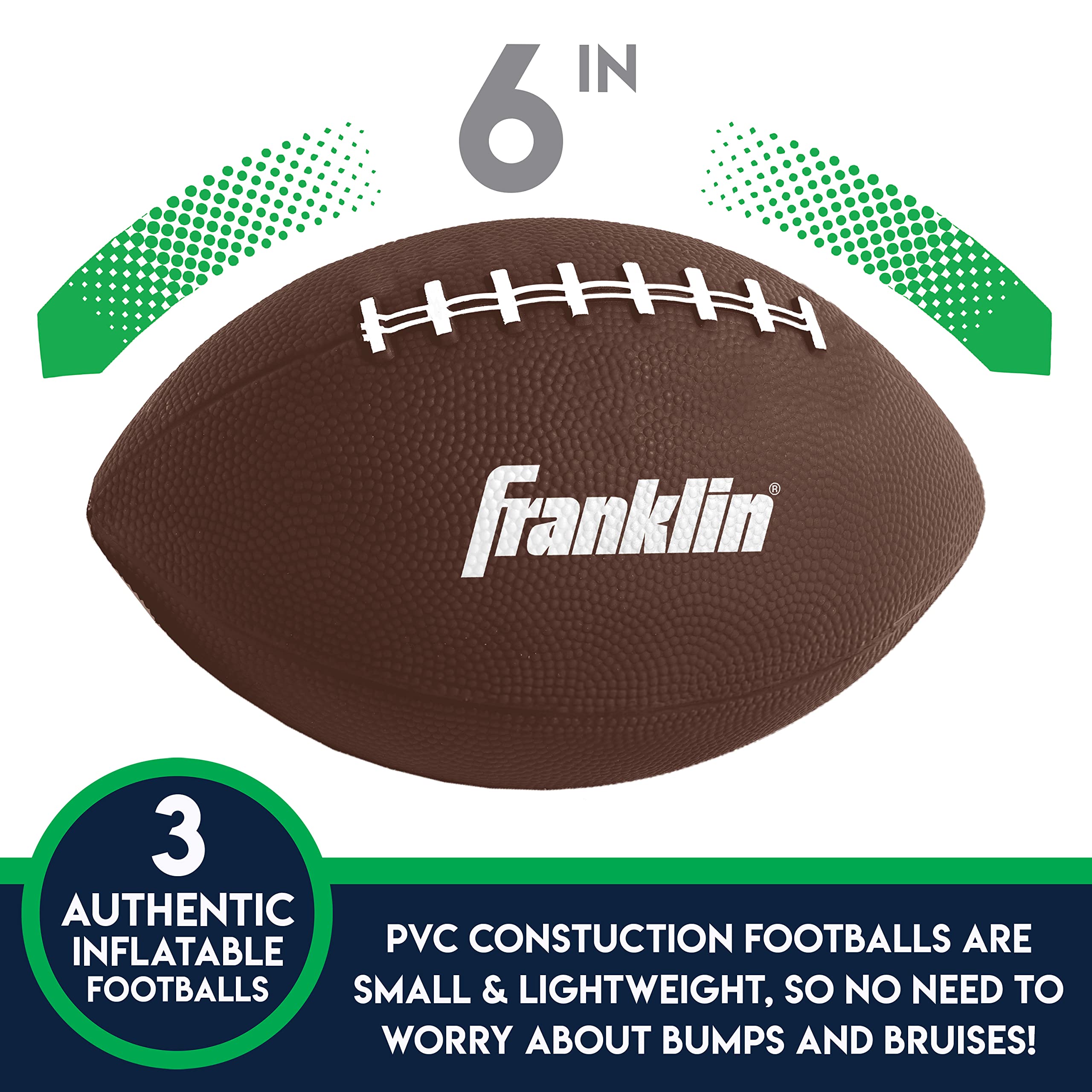 Franklin Sports Mini Footballs for Kids - (3) Inflatable Toy Replacement Footballs for Target Toss + Other Throwing Games - 6" Plastic Inflatable Footballs with Air Pump - Perfect Kids Toy Football