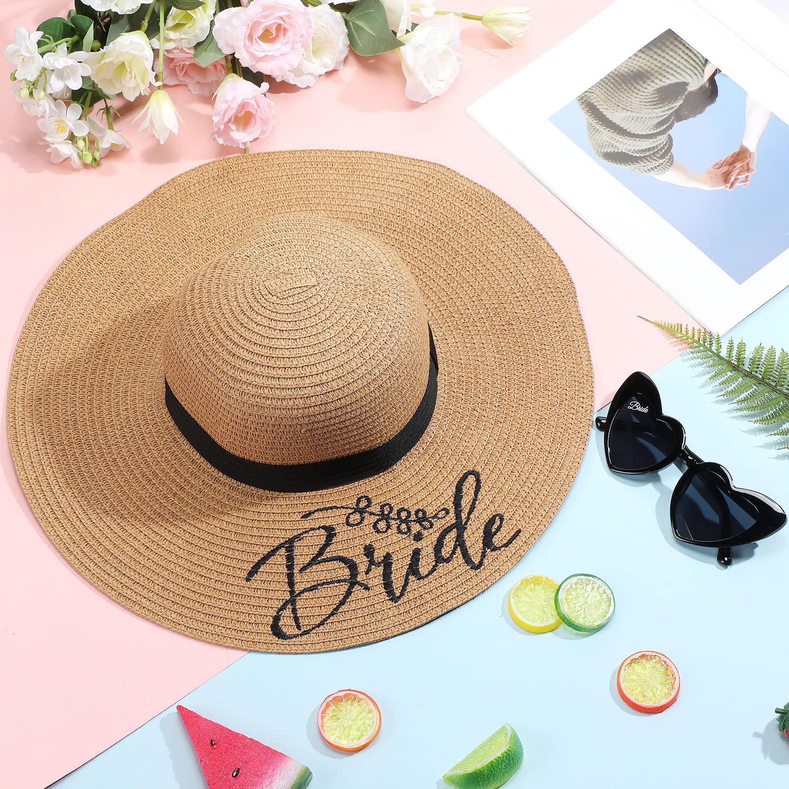 2 Pcs Bride Sun Hat Heart Sunglasses Set Bachelorette Gifts for Wedding Bridal Shower Party Decoration Favors (Khaki and Black)