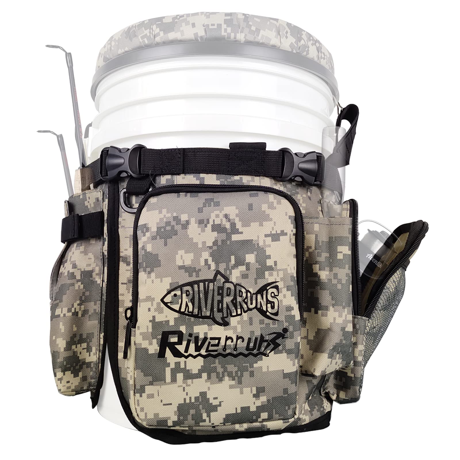 Riverruns Camouflage Fishing General Fishing Bucket Tool Organizer, Multiple pockets, Adjustable Bucket Caddy Tackle Bag for 5-Gallon Bucket, Bucket and Other Fishing Gears Not Included