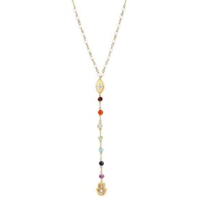 KARMA AND LUCK - Spiritual Resilience - Women's 18K Gold Plated Genuine Stones Rosary Necklace Lariat Necklace with Hamsa & Evil Eye Symbol handmade in Bali. Length: 22" + 3.5". (Moonstone)