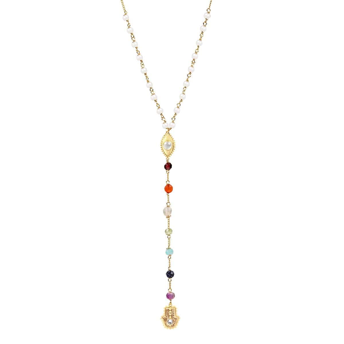 KARMA AND LUCK - Spiritual Resilience - Women's 18K Gold Plated Genuine Stones Rosary Necklace Lariat Necklace with Hamsa & Evil Eye Symbol handmade in Bali. Length: 22" + 3.5". (Moonstone)