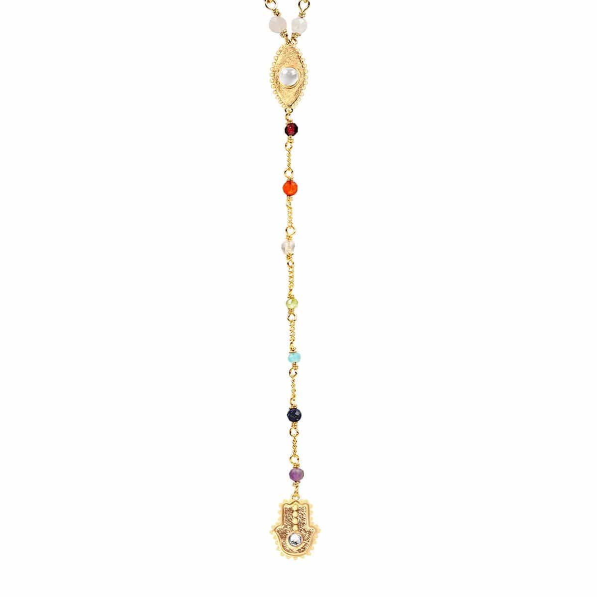 KARMA AND LUCK - Spiritual Resilience - Women's 18K Gold Plated Genuine Stones Rosary Necklace Lariat Necklace with Hamsa & Evil Eye Symbol handmade in Bali. Length: 22" + 3.5". (Moonstone)