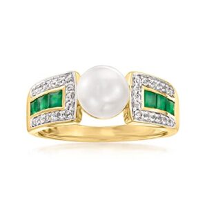 ross-simons 6.5-7mm cultured button pearl, 40 ct. t.w. emerald and .20 ct. t.w. white topaz ring in 18kt gold over sterling. size 6