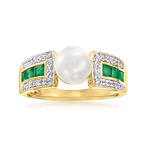 Ross-Simons 6.5-7mm Cultured Button Pearl, 40 ct. t.w. Emerald and .20 ct. t.w. White Topaz Ring in 18kt Gold Over Sterling. Size 6