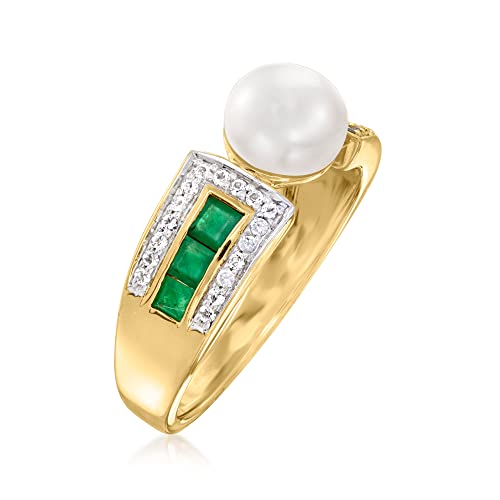 Ross-Simons 6.5-7mm Cultured Button Pearl, 40 ct. t.w. Emerald and .20 ct. t.w. White Topaz Ring in 18kt Gold Over Sterling. Size 6