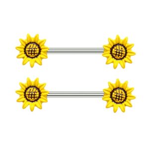 14g sunflower nipple rings stainless steel yellow flower nipple tongue ring barbell piercing nipplerings body piercing jewelry gifts for women