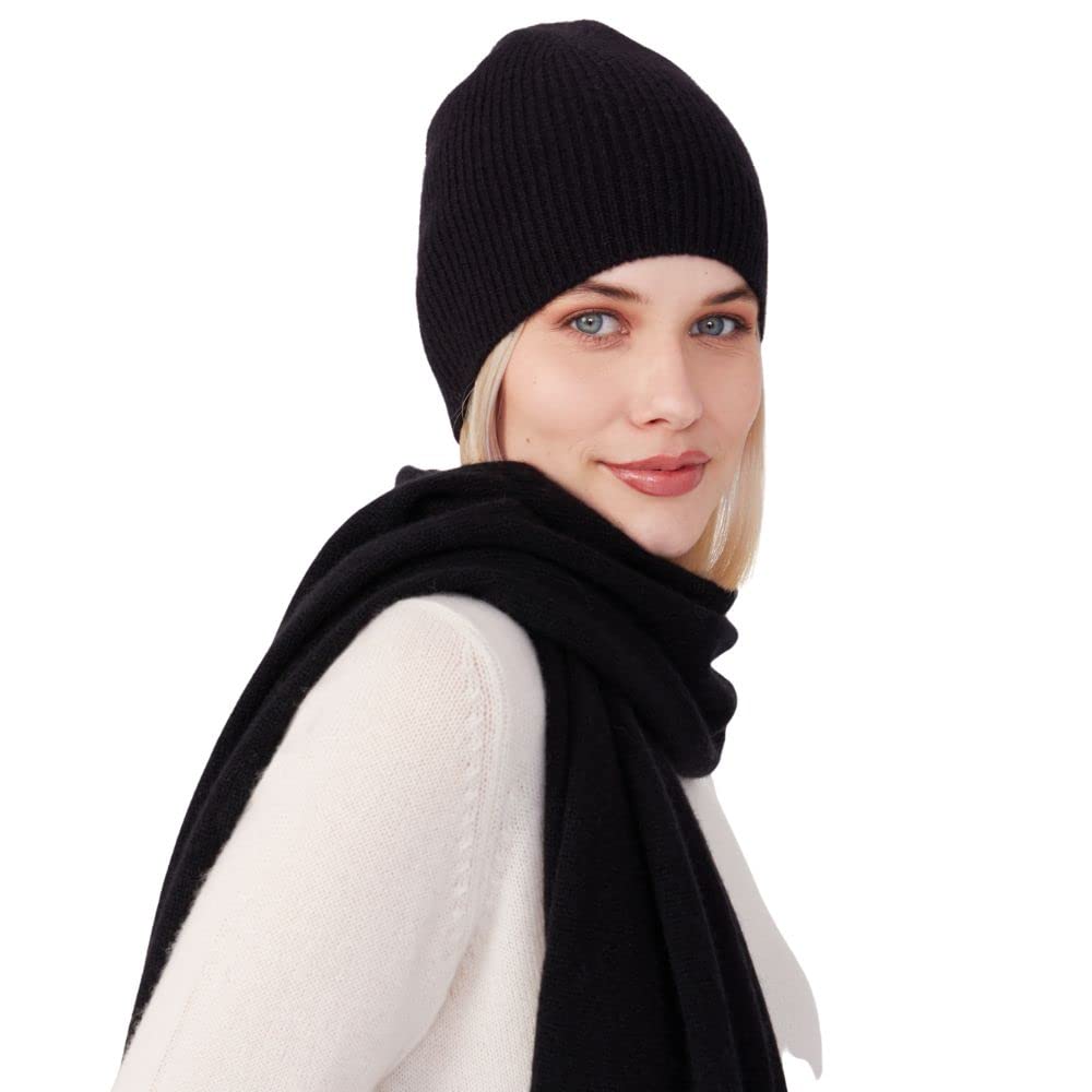 Style Republic Women’s Ribbed Beanie, 100% Cashmere, Soft & Stretchy, Warm Hat for Winter (Black)