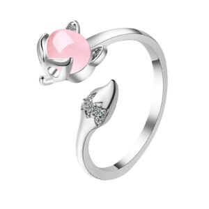 fashion inlaid zircon ring for women cute fox statement ring opening ring (silver, one size)