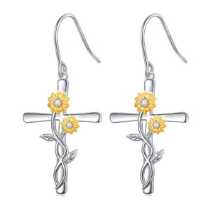 cross earrings 925 sterling silver sunflower dangle earrings sunshine cross dangle drop religious jewelry christian baptism gift for women