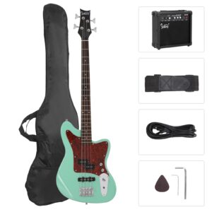 glarry 4 string electric bass guitar beginner kit w/20w amp, red pearl guard full size bass with digital tuner,amp cable, strap, bag and accessories(mint green)