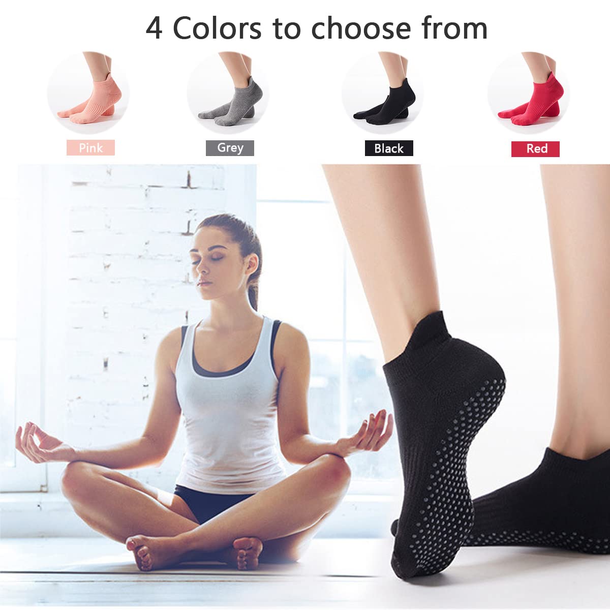 Amstt 4 Pairs Grip Socks for Womens Pilates Barre, Dance, Pilates, Yoga Non-Slip Socks (4 Pair Black)