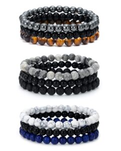 bomail 9pcs gemstone beaded bracelets for men women 6mm round beads bracelets set semiprecious gemstone beads bracelets matte lava rock volcanic tiger eye stone yoga healing energy crystal stretch